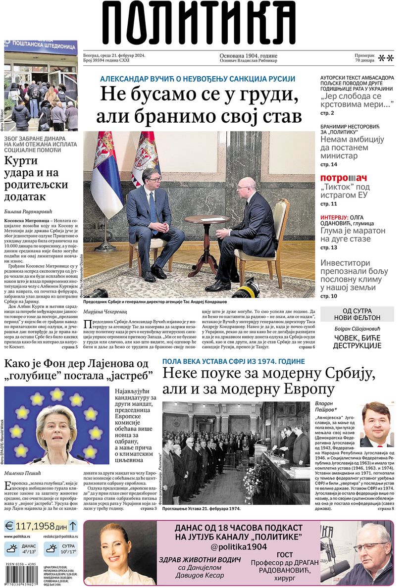 Prelistavanje dnevnih novina za 21. februar 2024. godine