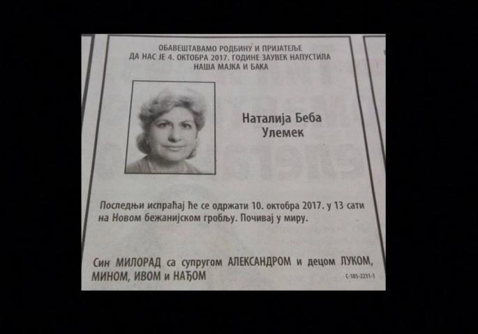 Legija dao čitulju majci Nataliji: Pogledajte šta je napisao (FOTO)