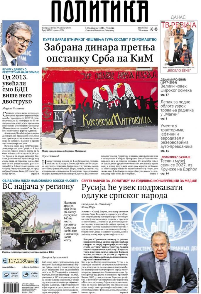 Prelistavanje dnevnih novina za 19. januar 2024. godine