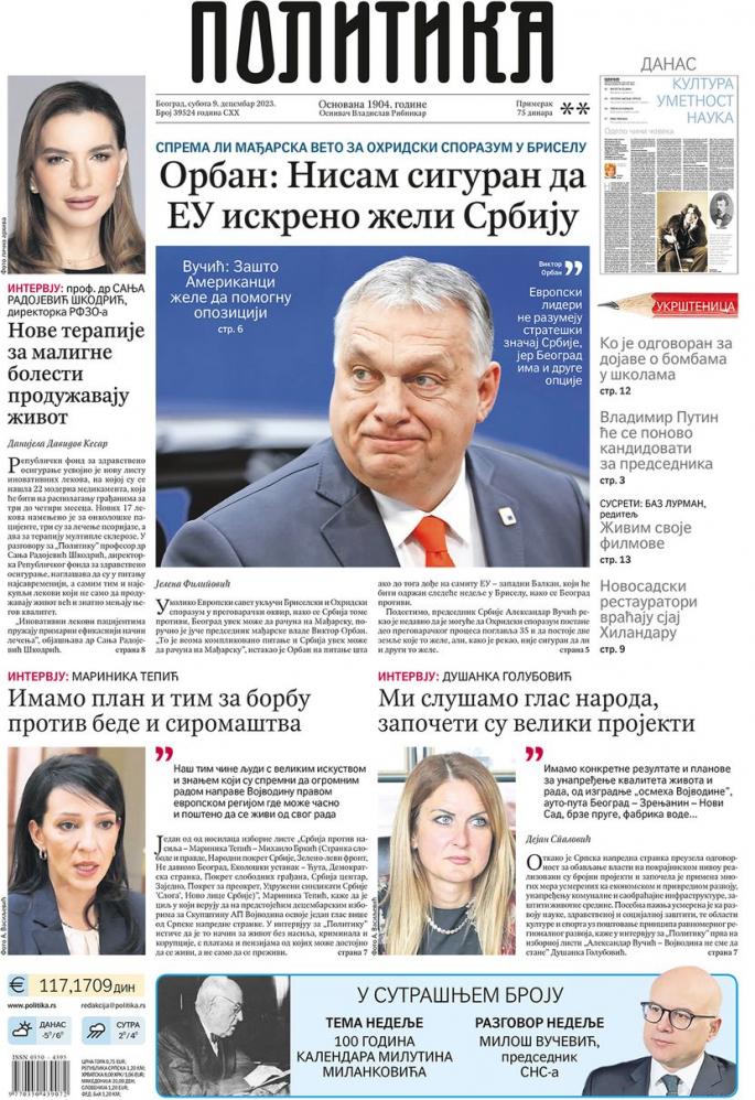 Naslovne strane dnevnih novina za 9. decembar 2023.