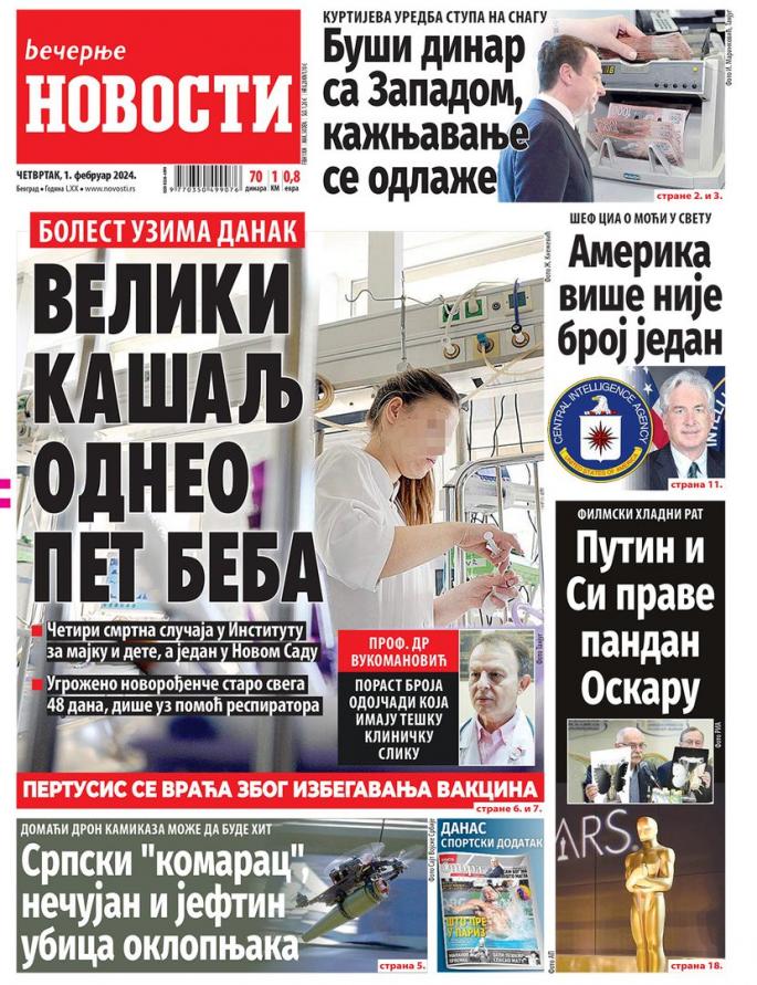 Naslovne strane dnevnih novina za 1. februar 2024.