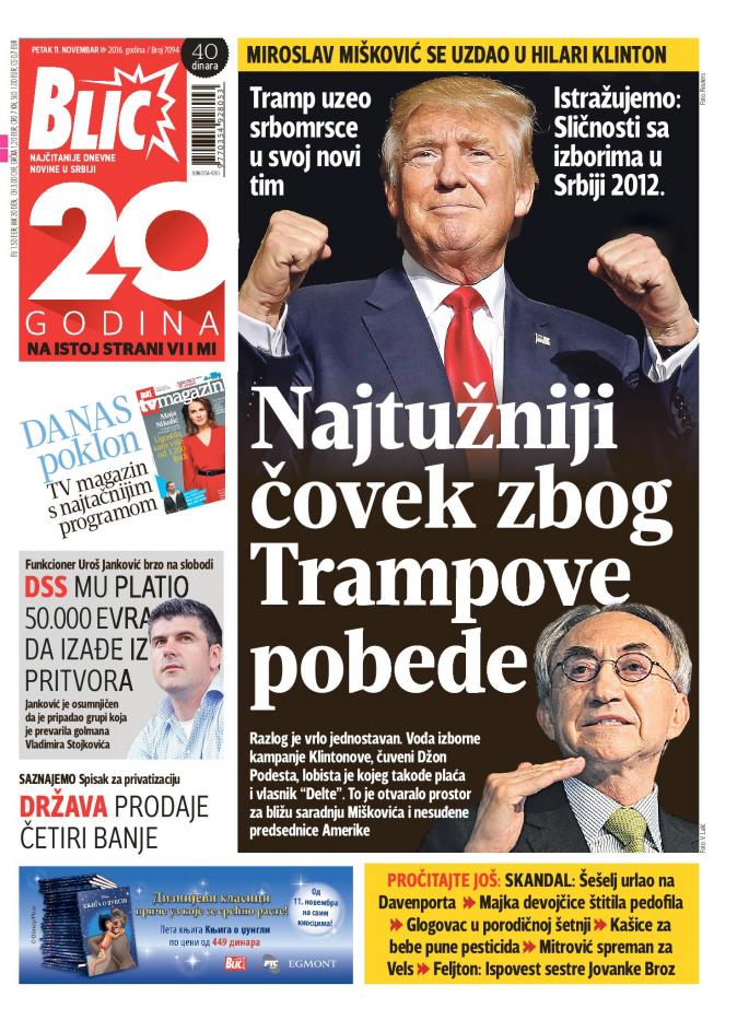 NASLOVNE STRANE DANAŠNJIH NOVINA: Prelistavanje za 11. novembar 2016.