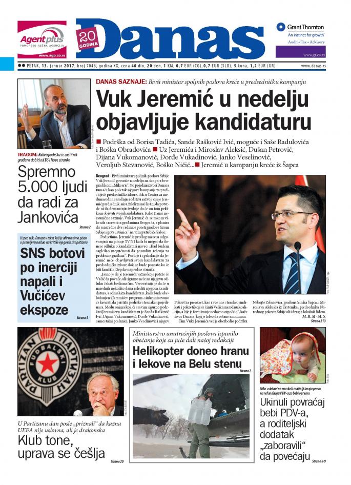NASLOVNE STRANE DANAŠNJIH NOVINA: Prelistavanje za 13. januar 2017.