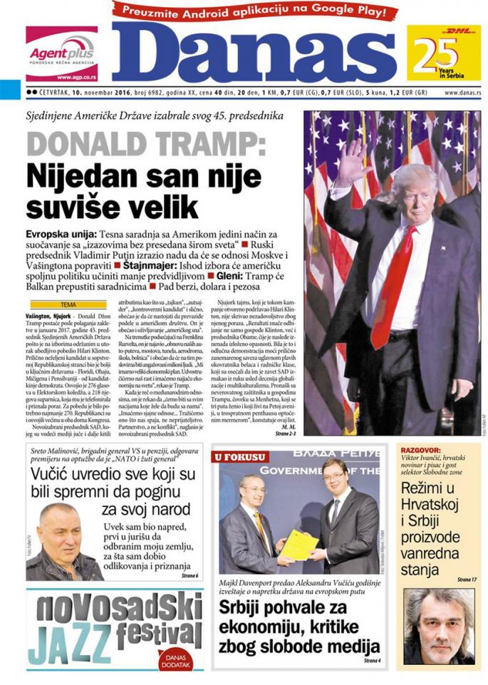 NASLOVNE STRANE DANAŠNJIH NOVINA: Prelistavanje za 10. novembar 2016.
